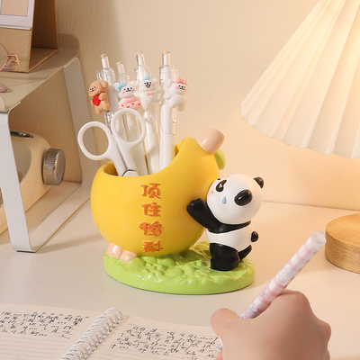 顶住鸭梨禁止焦虑熊猫文创笔筒摆件办公室书房桌面收纳筒实用礼物