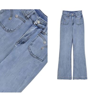 【小四专享】重工亮闪闪牛仔裤女高腰百搭显瘦不贴腿喇叭裤3025