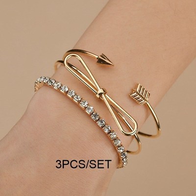 3Pcs/set  Rhinestone Bowknot Arrow Bracelet Cuff Bangle Gift