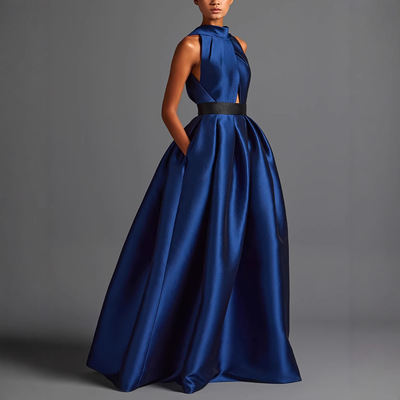 back pleated dress pocket straps and satin blue evening gown