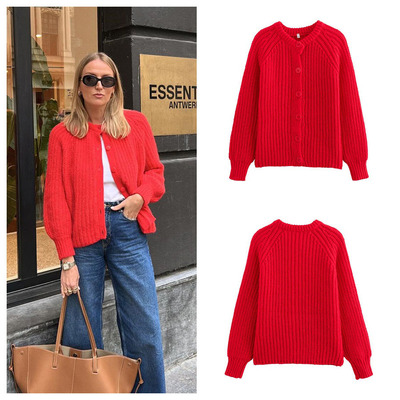 women knitted cardigan round neck long sleeve sweater jacket