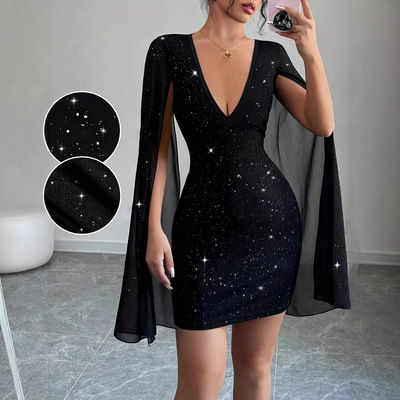 Round neck pit stripe pearl chiffon cape hip hugging dress