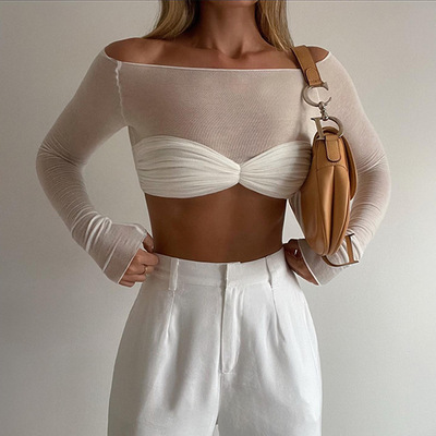 Short Long Sleeve One Piece Neck Waist Wrapped T-shirt