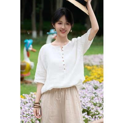 21支干洗亚麻白色文艺五分袖小衫