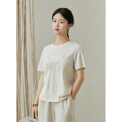 忘城T547座/绿意三分/夏新款凉感雪花棉绣花T恤正肩圆领显瘦上衣