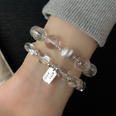 S925银天然随形白水晶拉丝银珠goodluck吊牌手链套装冷淡高级感