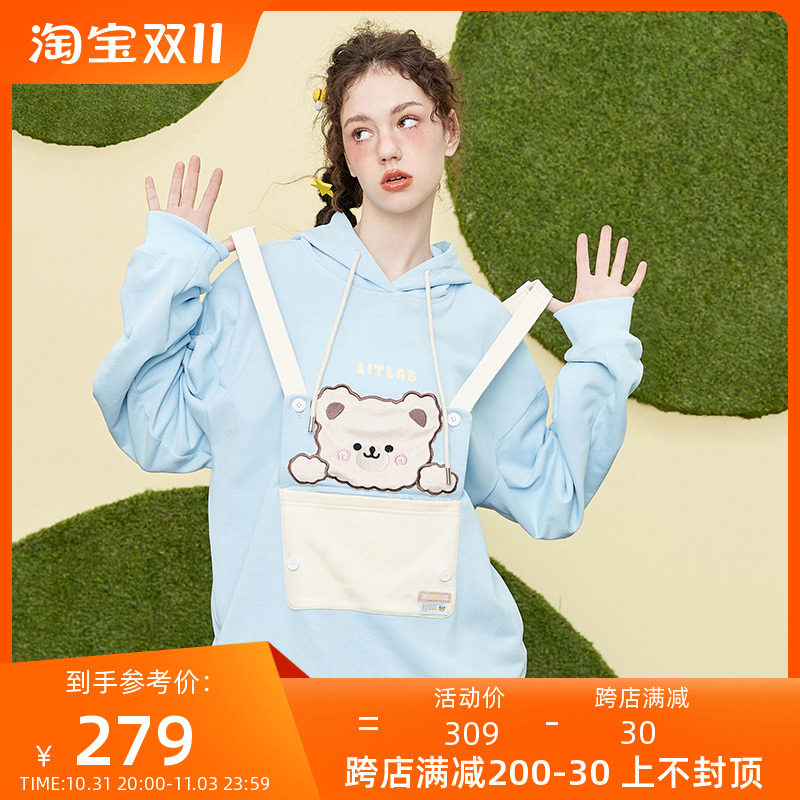 LITLAB翻折背带小熊帽衫宽松休闲青春可爱春季连帽男卫衣潮牌_虎窝淘