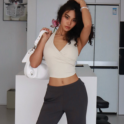 akiyo studio欧美风辣妹交叉绑带服美背上衣女带胸垫运动上衣