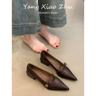 羊皮复古浅口山茶花一字扣单鞋女