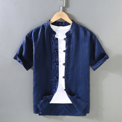 中式风立领衬衫男短袖亚麻