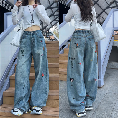 现货 11338蛇年重工刺绣弯刀软牛仔裤女2025春季新款宽松直筒裤