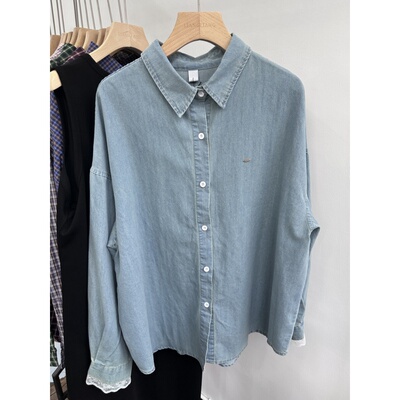 小王家82124春韩版宽松大码胖mm休闲慵懒风袖口花边长袖牛仔衬衫