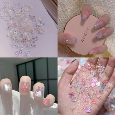 包邮日式绝美极光网红透明幻彩立体美甲蝴蝶结小熊装饰配件