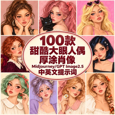 100 款甜酷大眼厚涂精细肖像插画AI绘画提示词包Image2设计素材