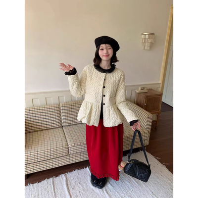 宽松设计款甜美小个子压褶花苞下摆圆领波点棉服外套女QD82538