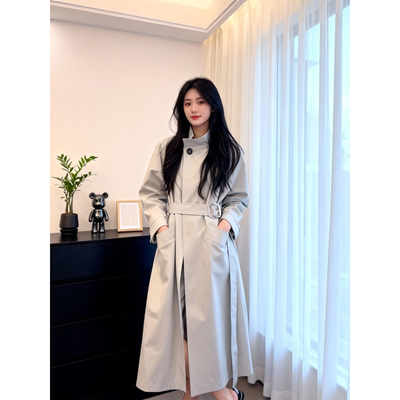 韩版纯色插肩袖系带宽松休闲外套2025春秋新款女装风衣QD82122