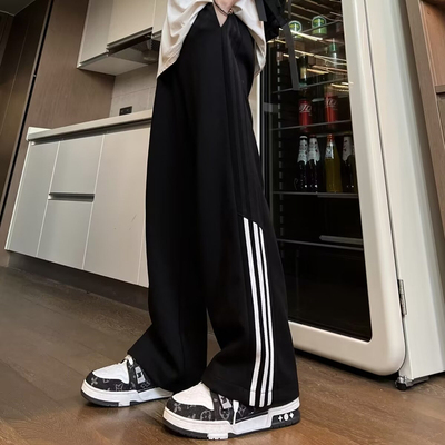 280G三条杠运动卫裤男女春夏季美式高街宽松直筒条纹裤子休闲长裤