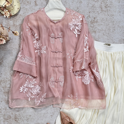 新中式桑蚕丝欧根纱盘扣七分袖开