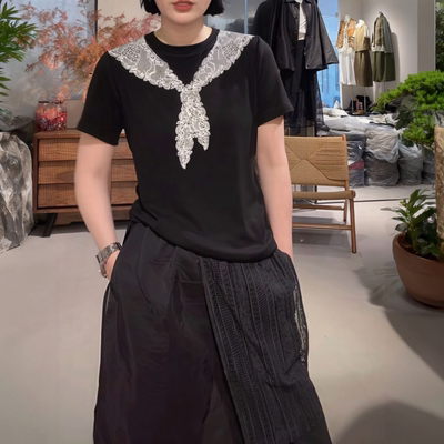 立体蕾丝印花短袖T恤女透气显瘦