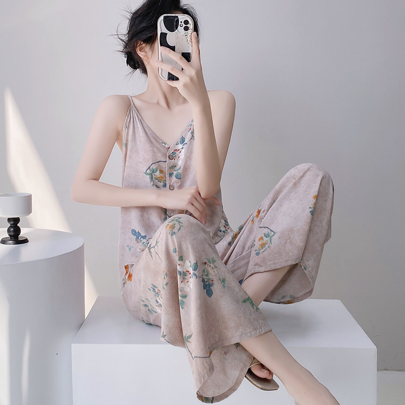 夏薄款2026绵绸睡衣吊带长裤棉绸套装人造棉可外穿家居服套装