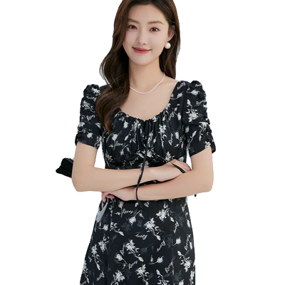 轩日大领口法式印花裙连衣裙