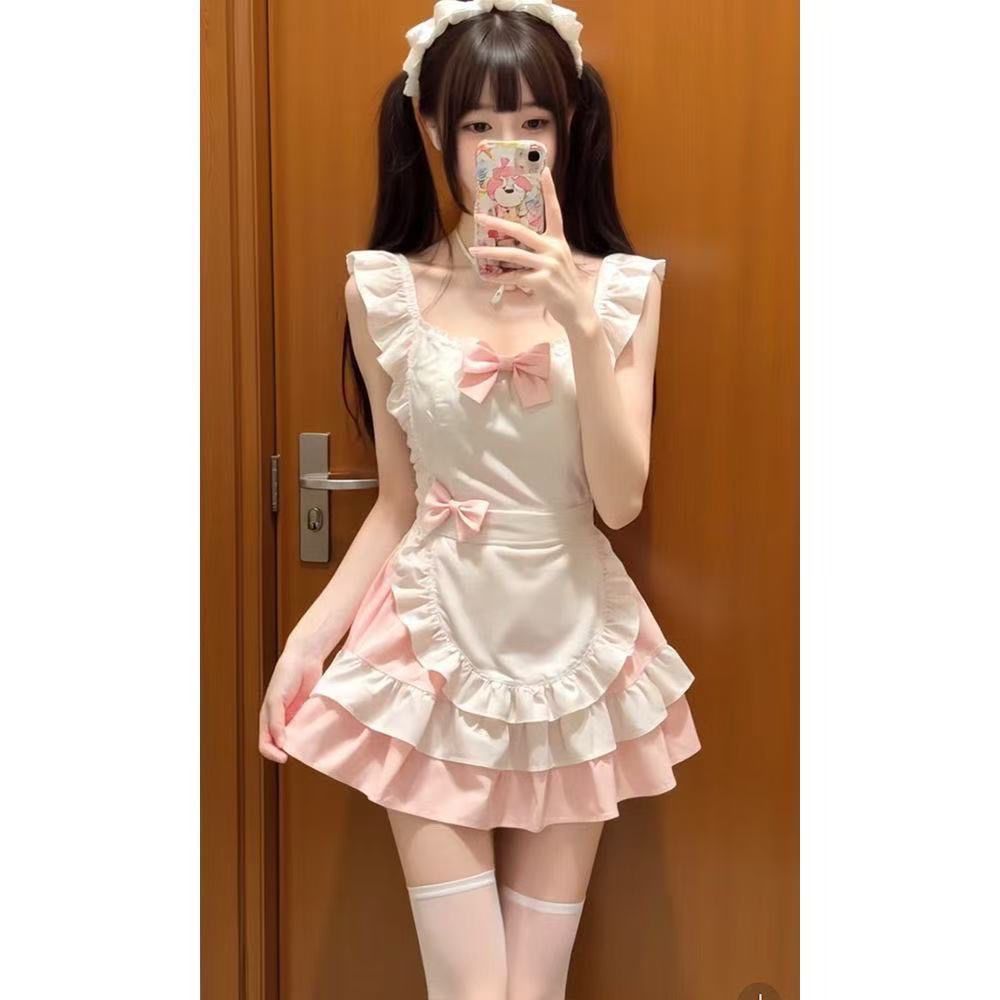 甜美可爱少女cos女仆装连衣裙短裙蓬蓬裙蛋糕裙蝴蝶结围裙套装女