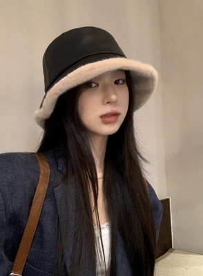 渔夫帽冬季女不规则拼接皮毛绒