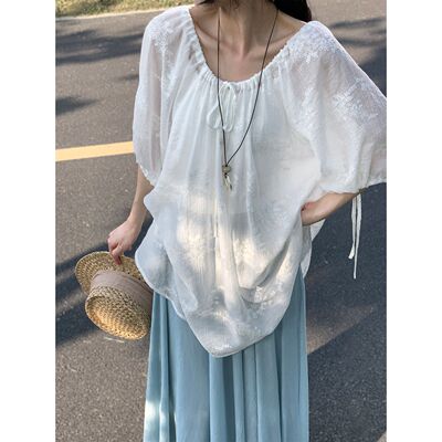 那末 温柔天花板 莱赛尔绣花防晒罩衫女韩系宽松抽绳衬衫上衣5092