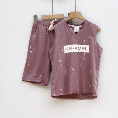 T拉系列100夏装 品牌童装折扣/无袖背心+短裤套装26426豆沙