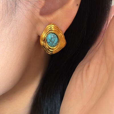 734钛钢仿真绿松波浪熔岩肌理椭圆耳钉百搭显脸小耳环