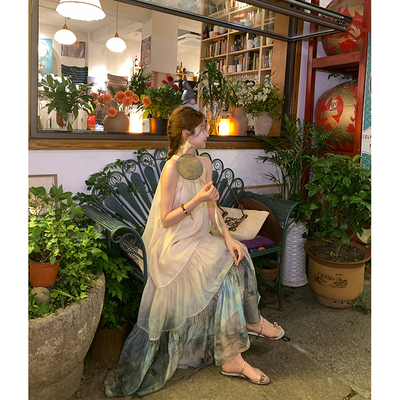 2025夏季新款大码千里江山新中式国风印花大摆裙挂脖无袖连衣裙女