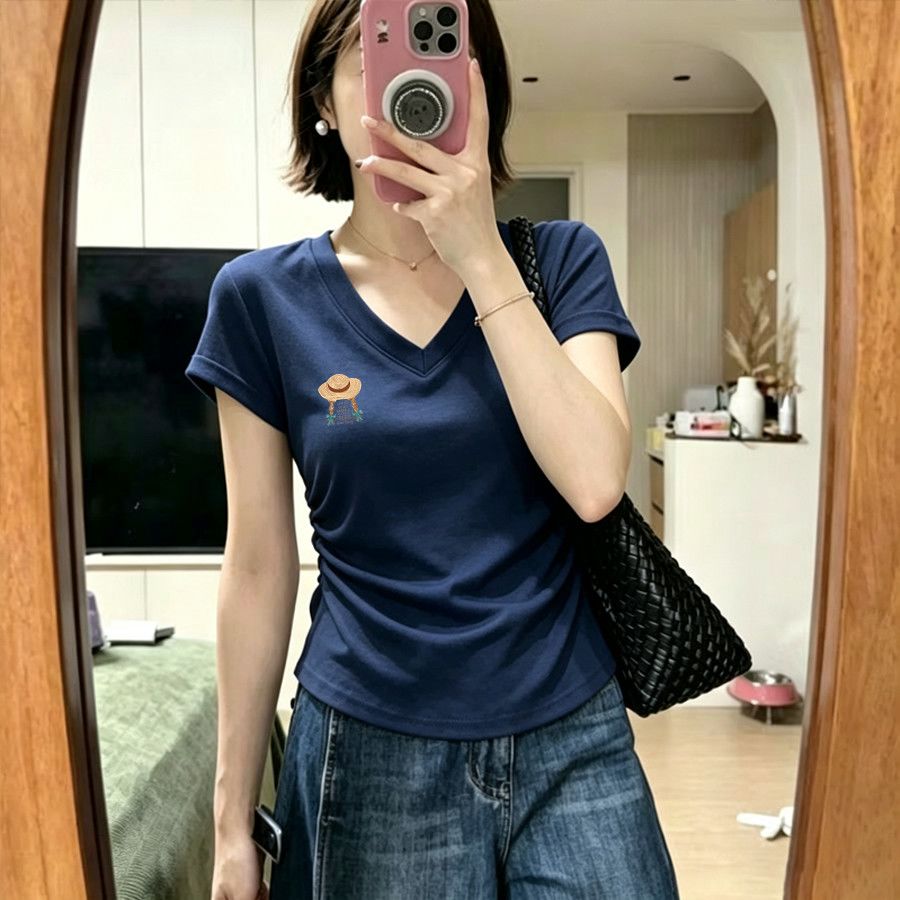 40支精梳棉v领短袖t恤女2026夏季新款漂亮牌体恤收腰褶皱短款上衣