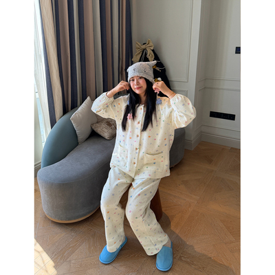 nini自制黄油星星印花空气棉睡衣两件套女秋冬款宽松保暖居家服