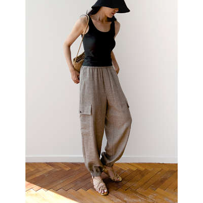 8.5折 Plain Sight 铜氨、毛麻混纺工装口袋束脚九分裤