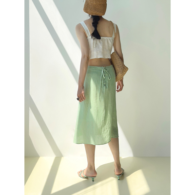 2色亚麻后系带A字半裙