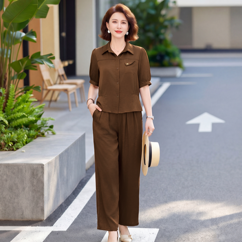 复古通勤风短袖翻领套装女夏季宽松显瘦洋气气质2026中老年两件套