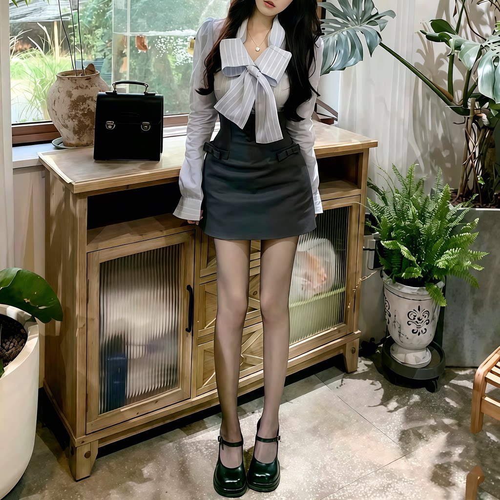 初春减龄一整套穿搭独特绝美蝴蝶结上衣半身裙高级小洋装两件套装