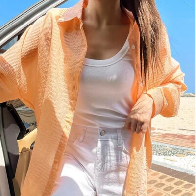 韩版夏季条纹Overfit长款透视露脚圆领衬衫宽松百搭防晒衣女衬衣