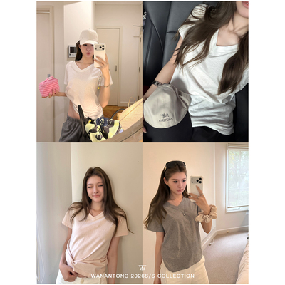 WANANTONG 满分T恤 呼吸感全棉V领正肩T 爱穿自留短袖上衣女春夏