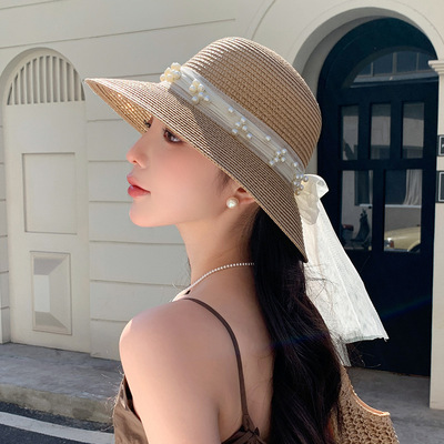 法式优雅蕾丝珍珠草帽女夏防晒