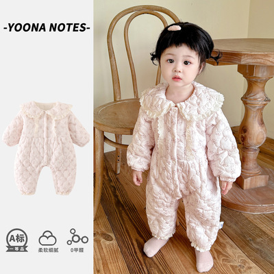 欧美婴儿衣服夹棉外套娃娃脸可爱连体衣女宝宝冬季外出哈衣爬服