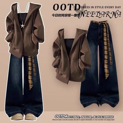 秋冬美拉德一整套女2025新款韩系百搭开衫卫衣搭配高腰牛仔裤套装
