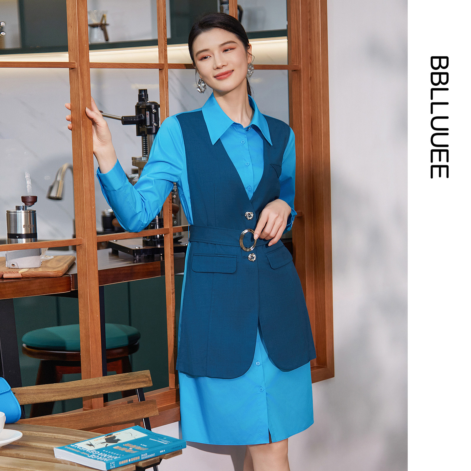 BBLLUUEE/粉蓝衣橱轻奢假两件马甲式拼接衬衣裙女春装长袖连衣裙
