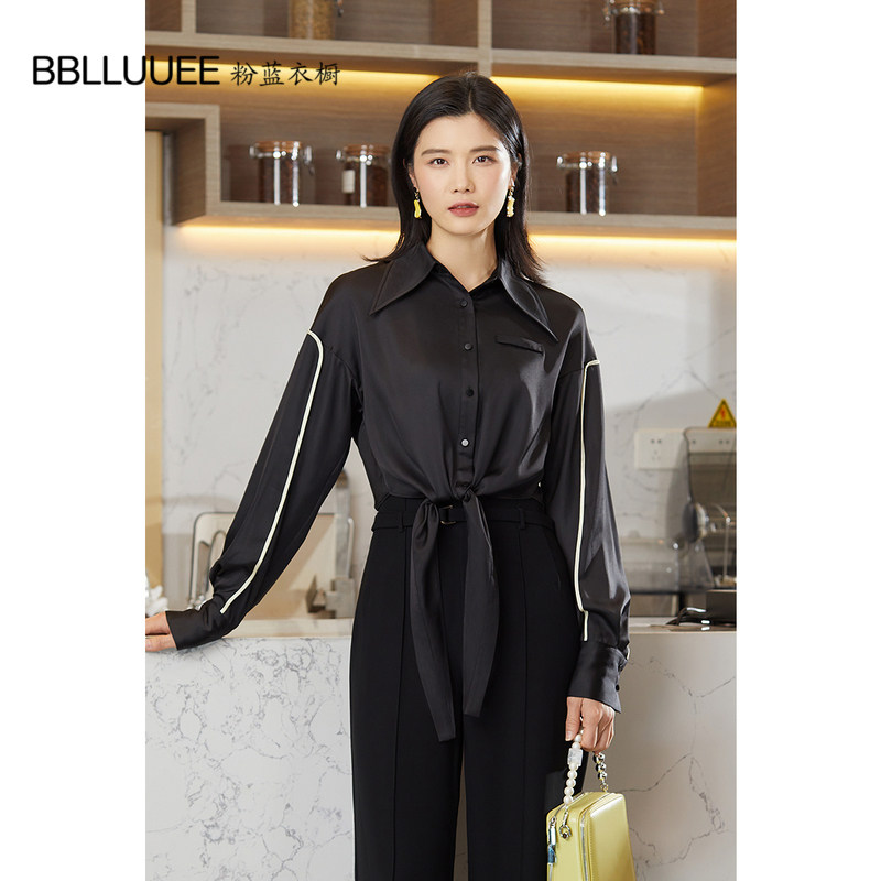 BBLLUUEE粉蓝衣橱复古截短式宽松印花衬衫摩登女2026夏燕尾式衬衣