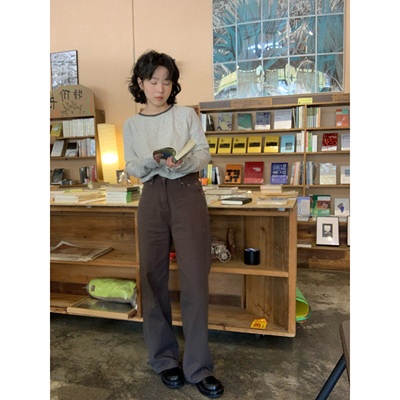ifbeer 复古碳灰色高腰休闲裤ins韩版女宽松长裤阔腿直筒裤春夏