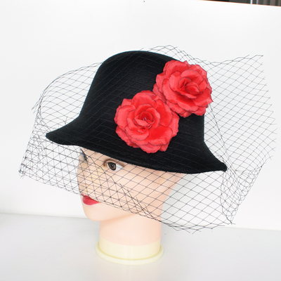 复古花朵网纱礼帽女夏季大帽檐盆帽优雅帽子
