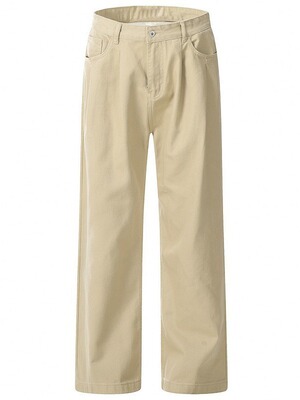 MAX·HORSE美式复古直筒裤男女显瘦设计感褶皱卡其工装裤cleanfit