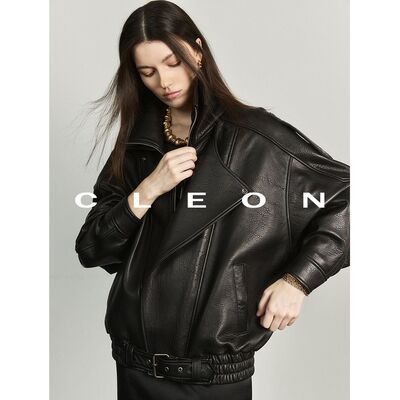 CLEON秋冬进口Y*L羊羔泡皮重工PU皮皮衣外套女廓形羊腿袖复古夹克