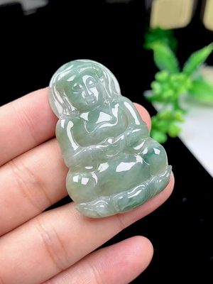 正品A货观世音玉石挂件男女款 缅甸料天然翡翠油青飘花观音牌吊坠