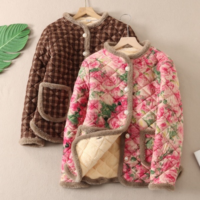 自发热保暖驼绒印花柔软棉袄女装